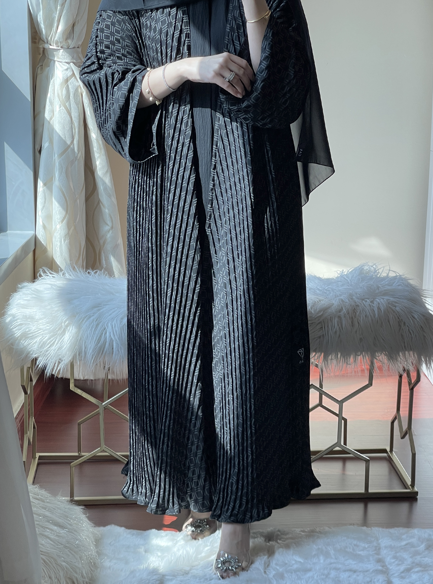C-Pleated-Abaya Black pleated abaya with grey geometric square print ...
