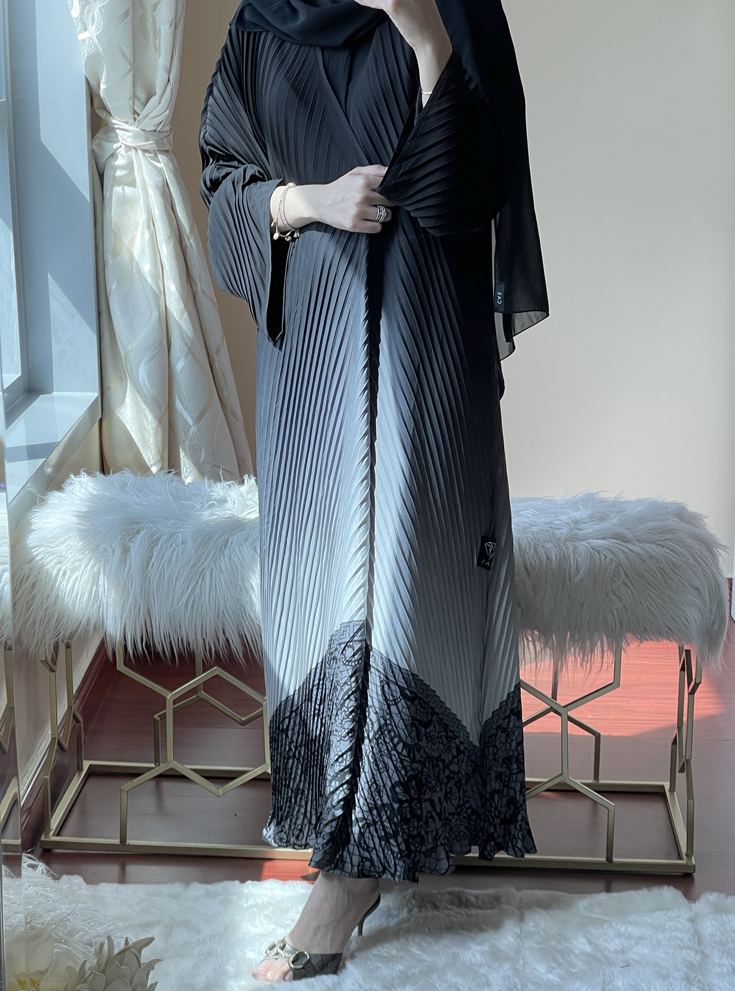 C-Pleated-Abaya Grey duo-tone abaya with pleats, black sheila included ...