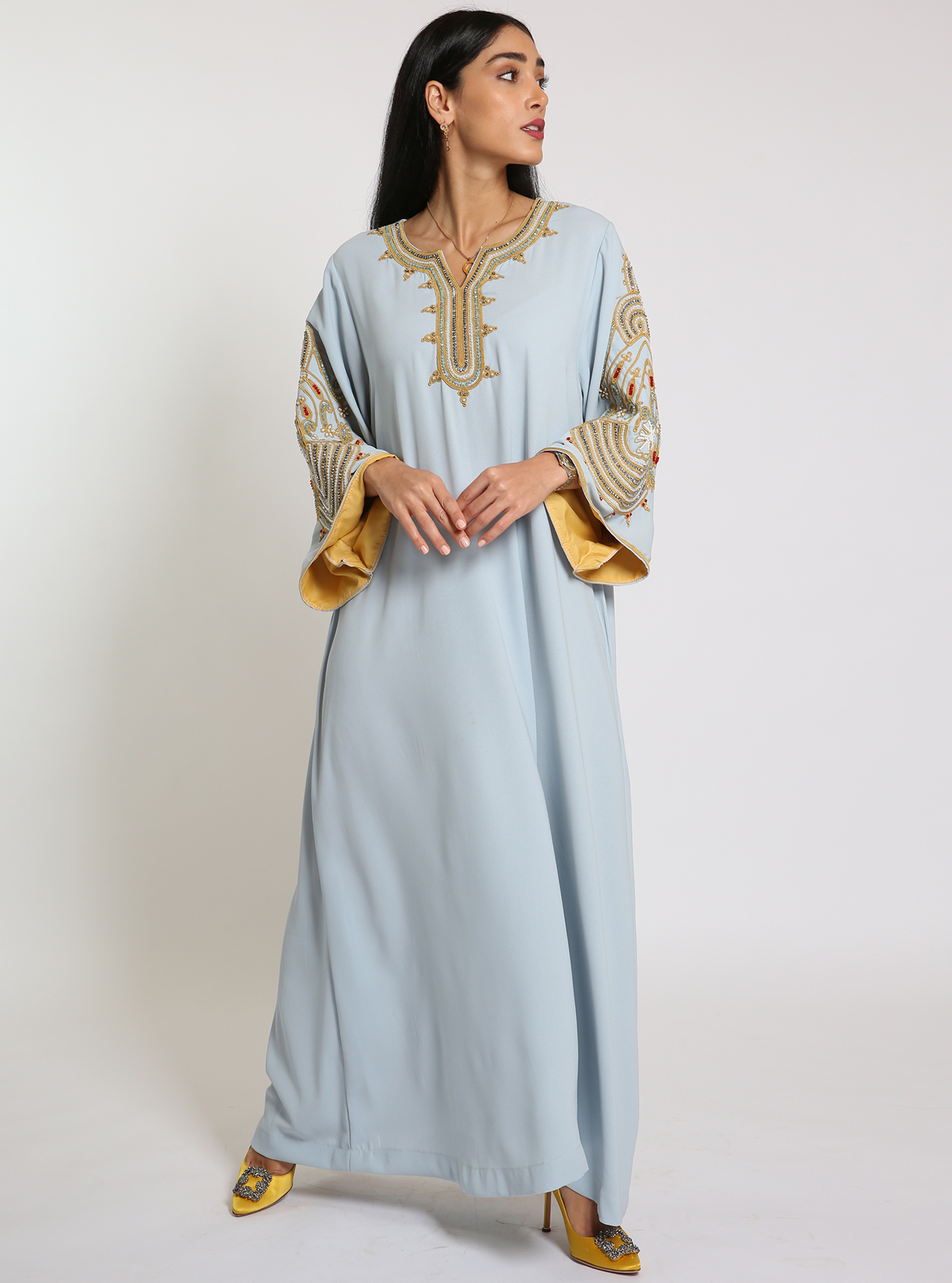 D2805BB Blue kuwaiti jalabiya embellesh with beads & embroidery in ...