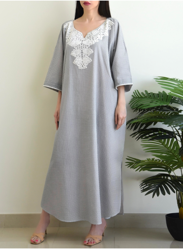 Cotton kaftan Cotton polka dot kaftan with neck embroidery and side slits. Loose fit. Kaftans ...