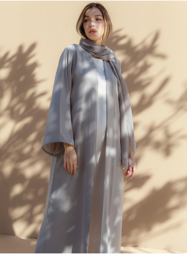 Grey Abaya Light grey open-front Abaya decorated with leather. Includes ...