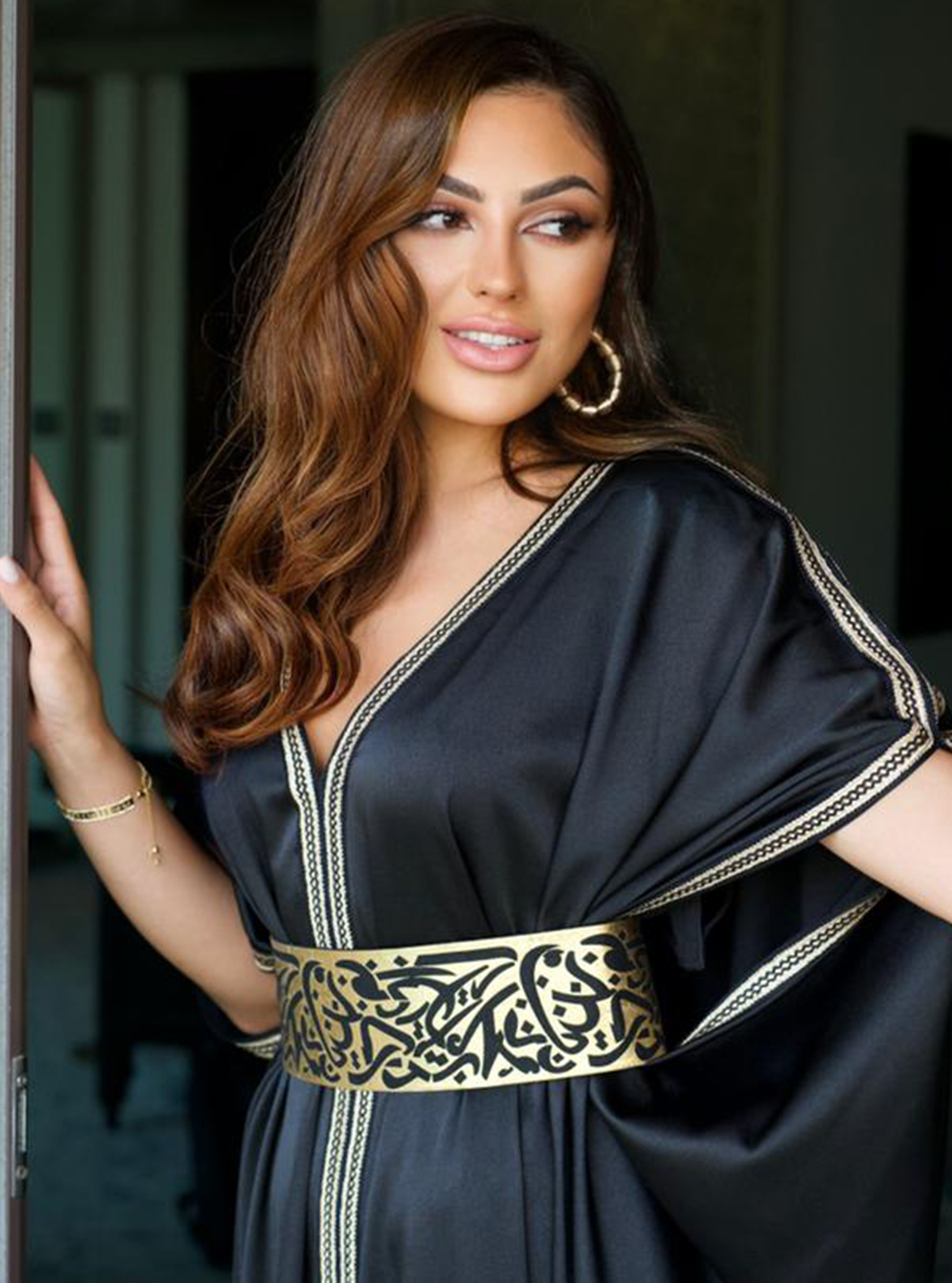 Aida Black Moroccan kaftan embellished with arabic calligraphy belt ...