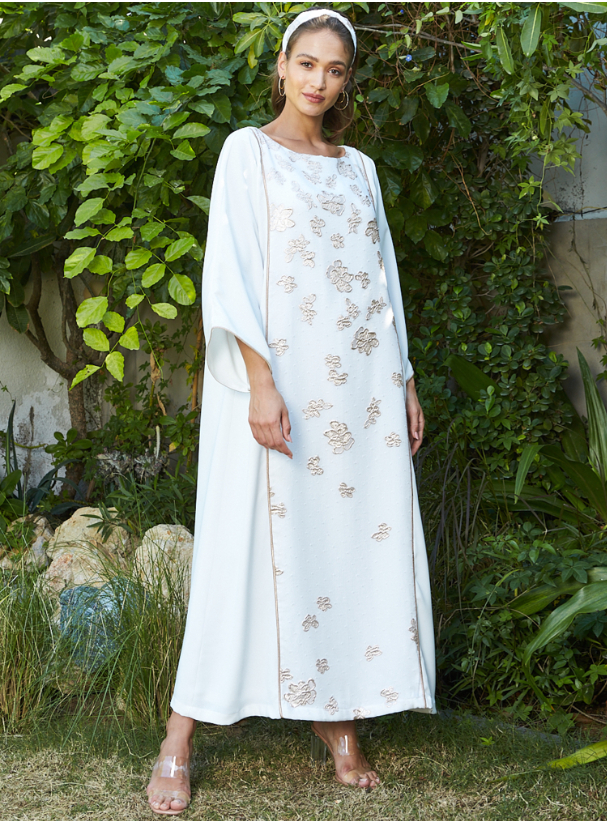 Liana Kaftan White kaftan with metallic floral front panel, wide cut sleeves, gold bronze piping ...