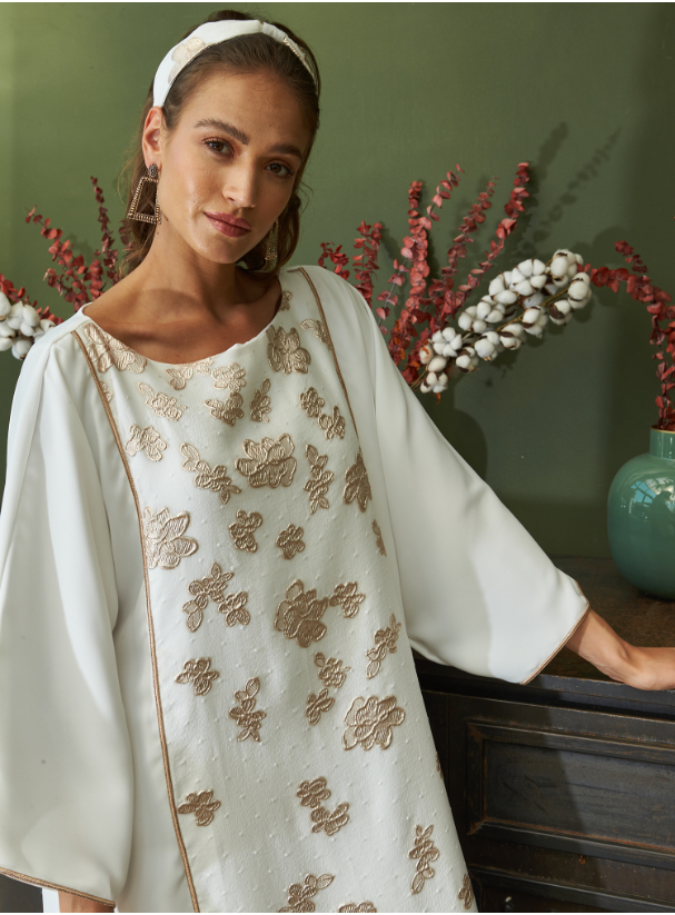 Liana Kaftan White kaftan with metallic floral front panel, wide cut sleeves, gold bronze piping ...