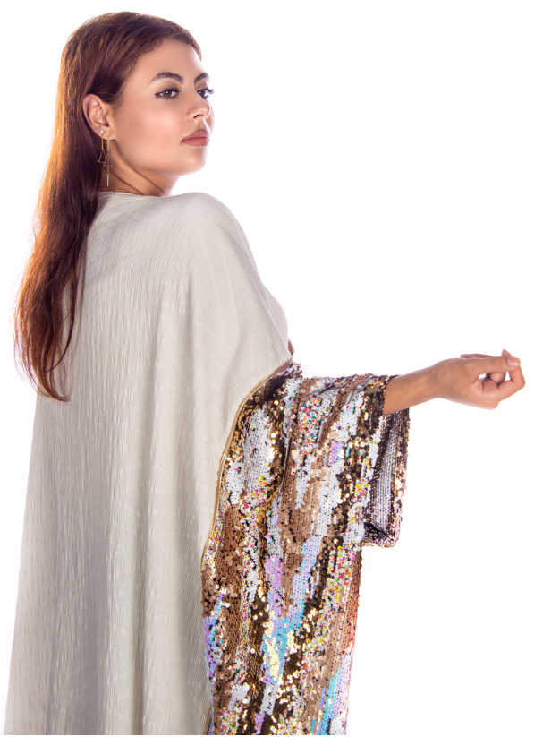 Sequined bisht Off white bisht abaya with golden sequin embellishments ...