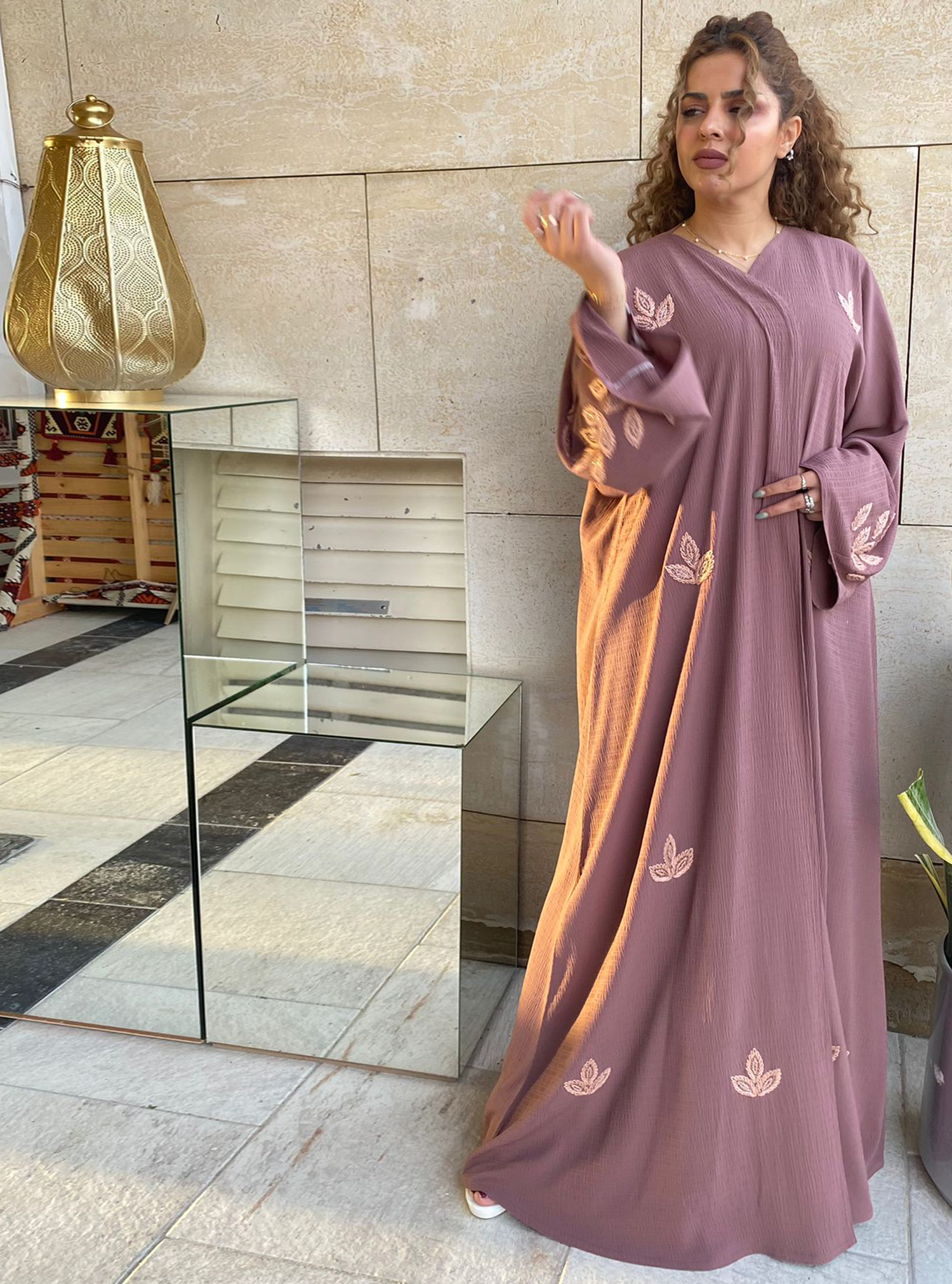 Mauve Abaya Mauvey-pink abaya with hand-embroidered details.. Comes ...