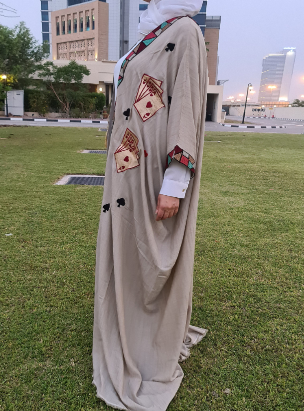 Bisht abaya Beige linen bisht abaya with embroidered trimmings and deck ...