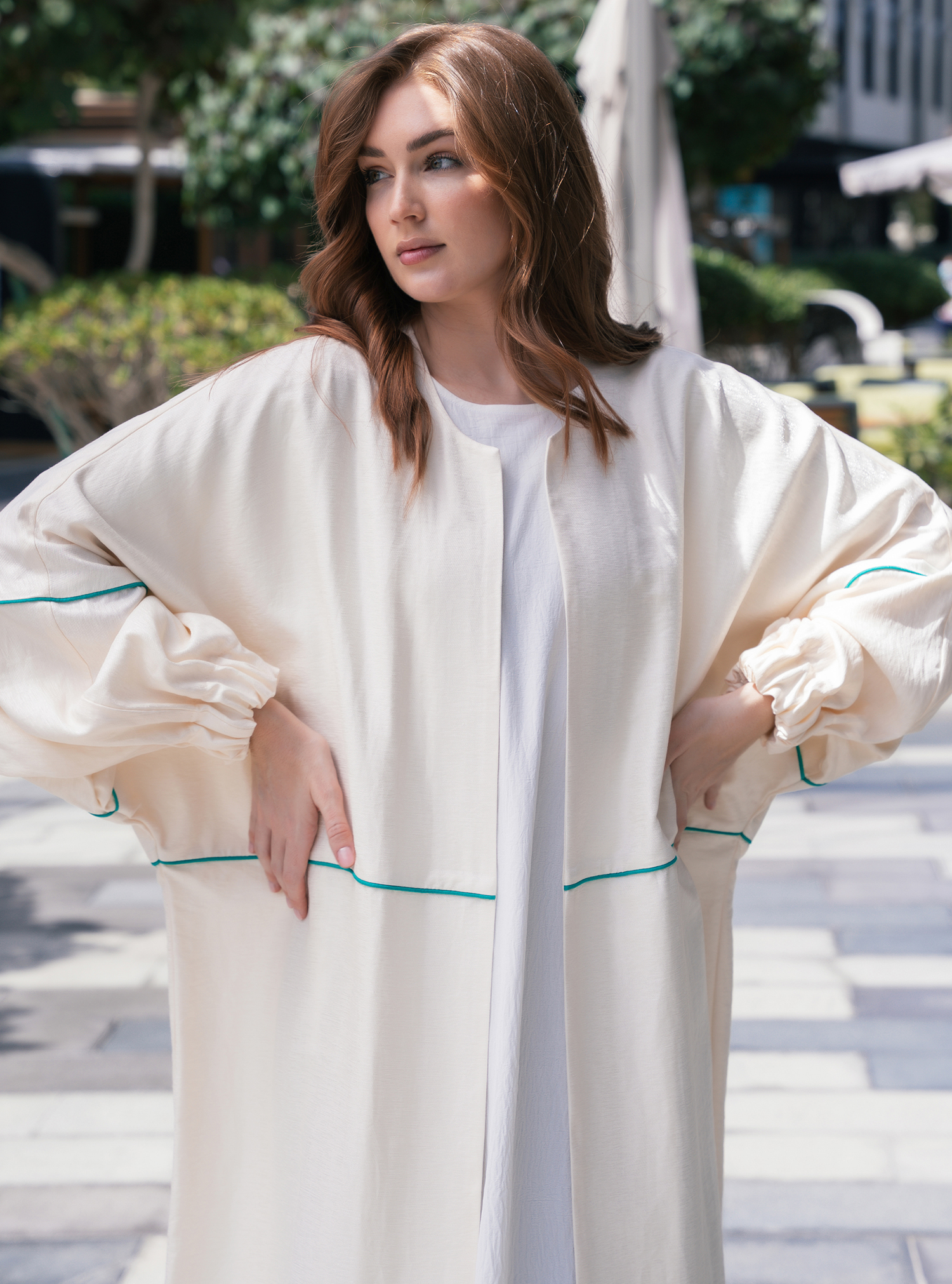 R.T abaya Cream casual abaya with elastic puffy sleeves and green ...