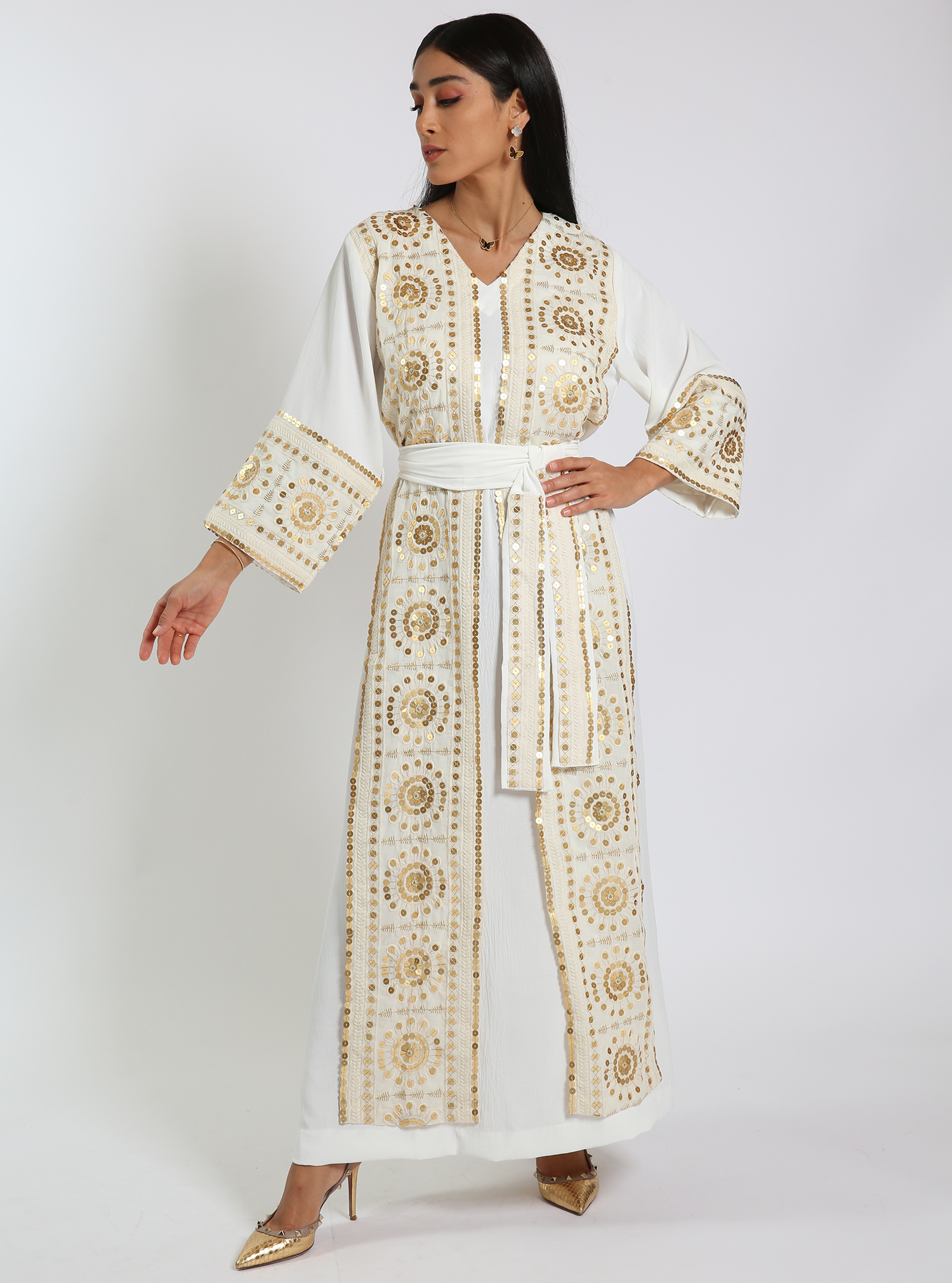 D2921W White jalabiya with gold terter embroidery. Dresses from Malikatallail at Boksha