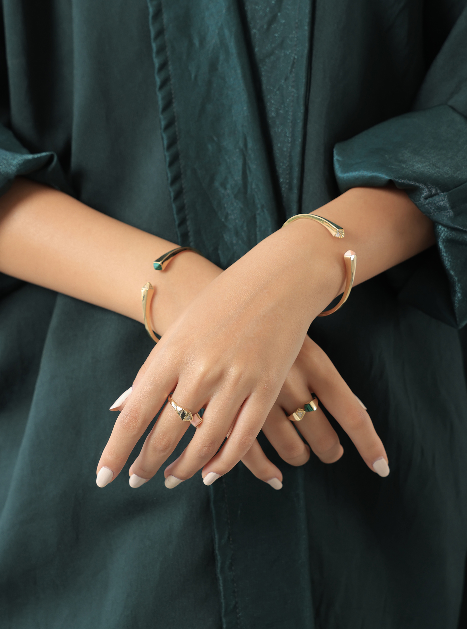 GREEN LAYAN SET bracelet & ring set with green stone & clear cubic ...