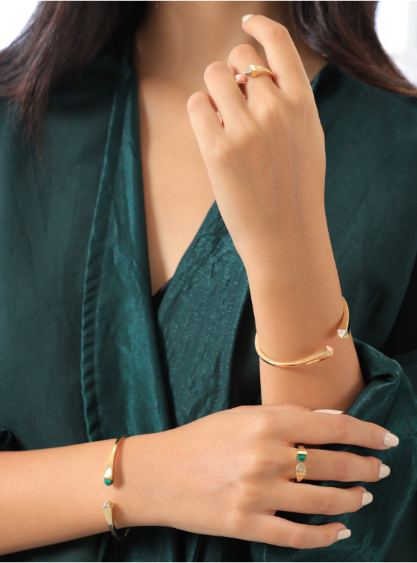 PINK LAYAN SET bracelet & ring set with beige pink stone & clear cubic ...