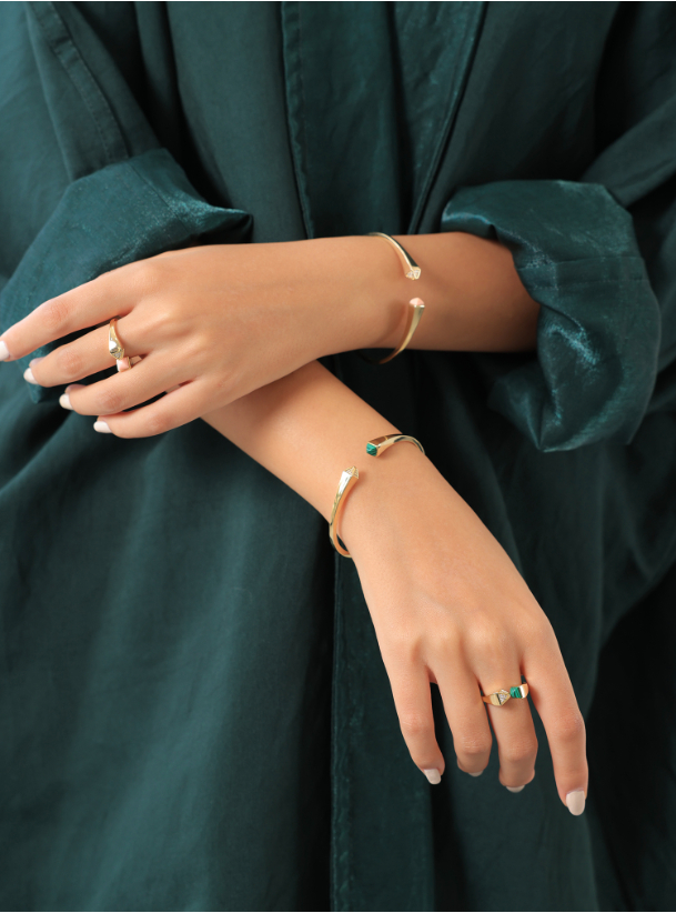 PINK LAYAN SET bracelet & ring set with beige pink stone & clear cubic ...