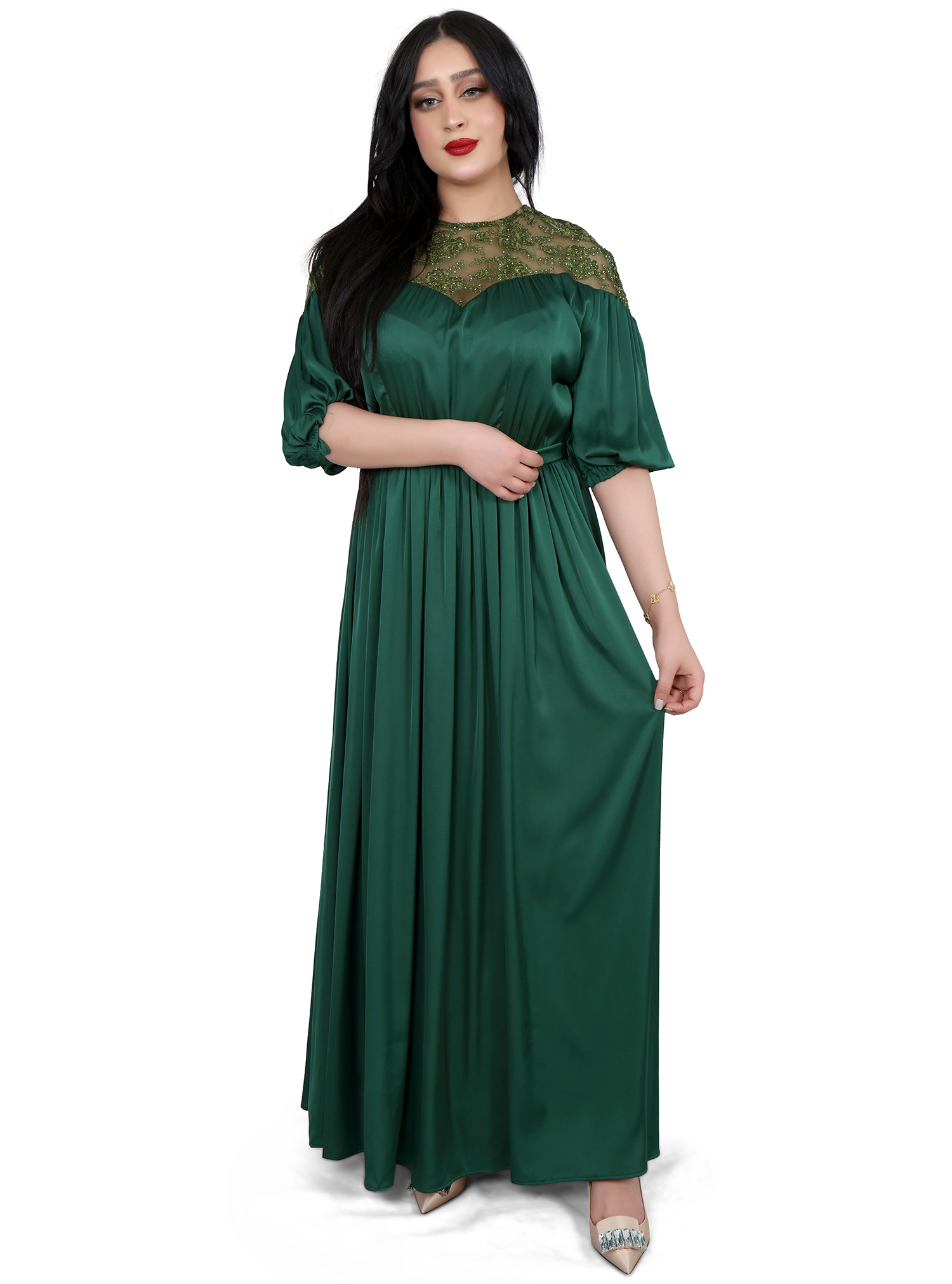 Forest Dress Forest green dress with embellished sheer neckline ...