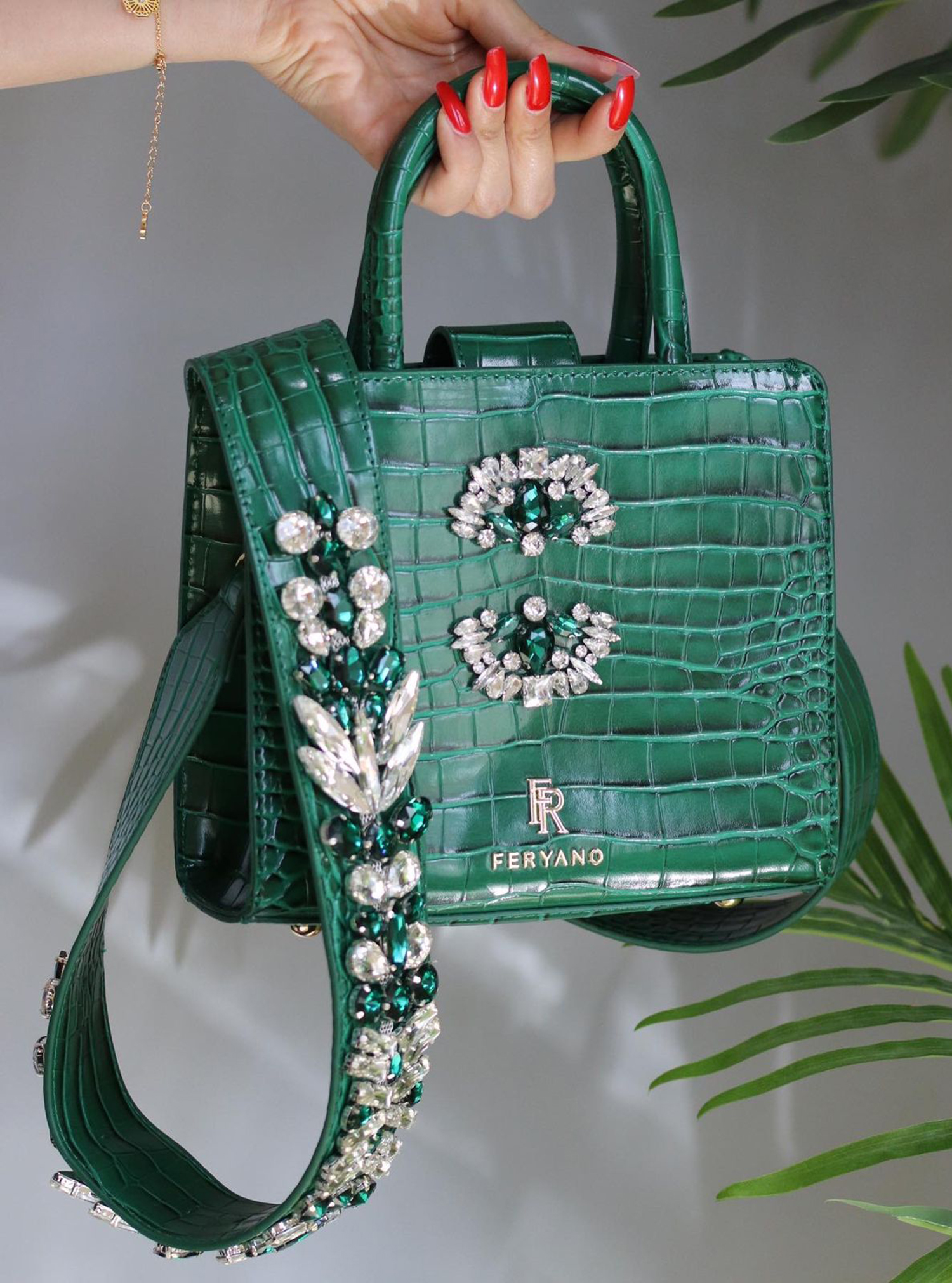 Leather Bag FR - Green handbag with long strap, with Zircon crystal ...
