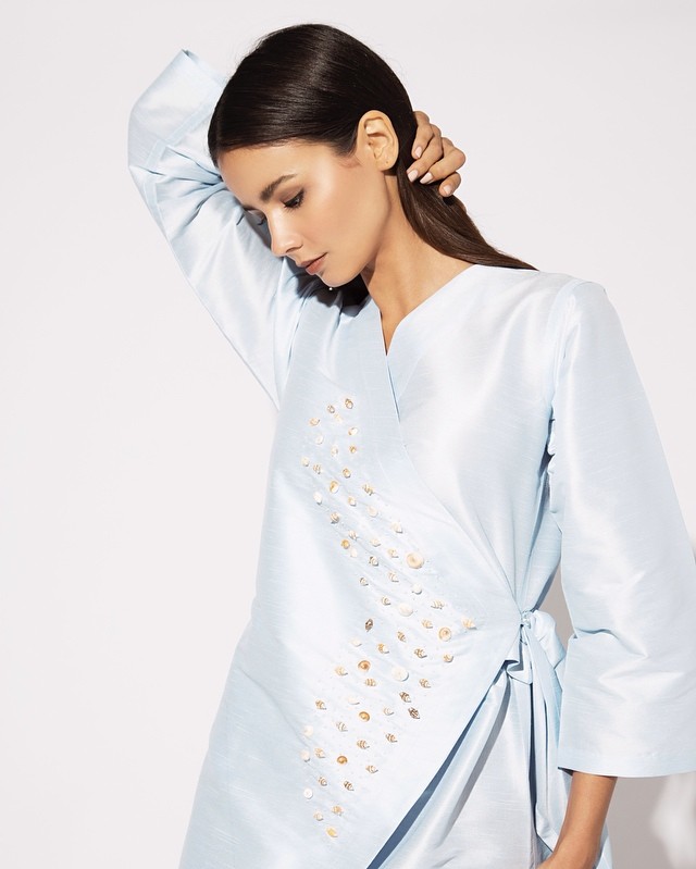 Shell Dress Elegant light blue raw silk embroidered dress Dresses from ...