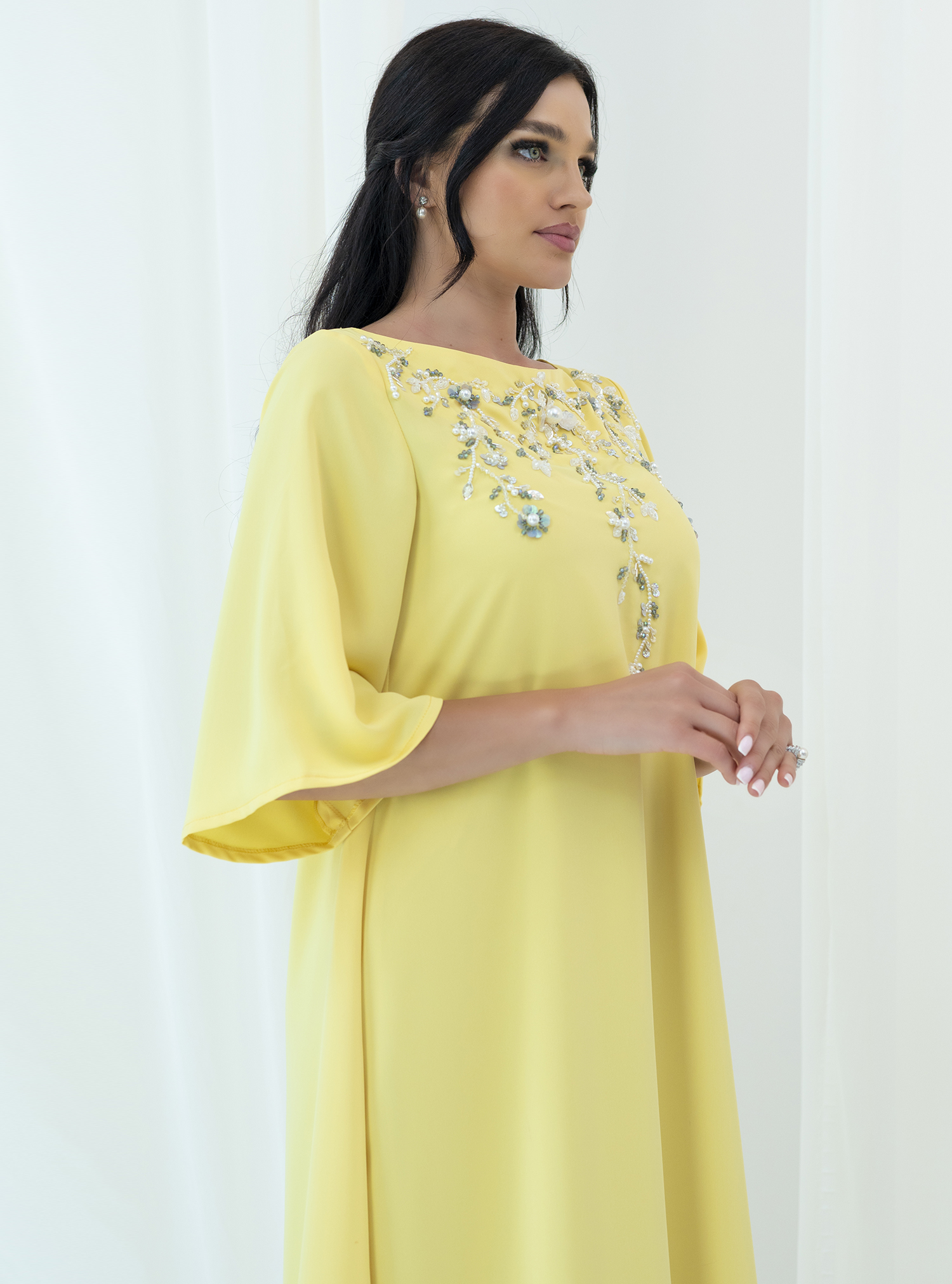 001A Dress Yellow maxi modest dress with embellished neckline and wide ...
