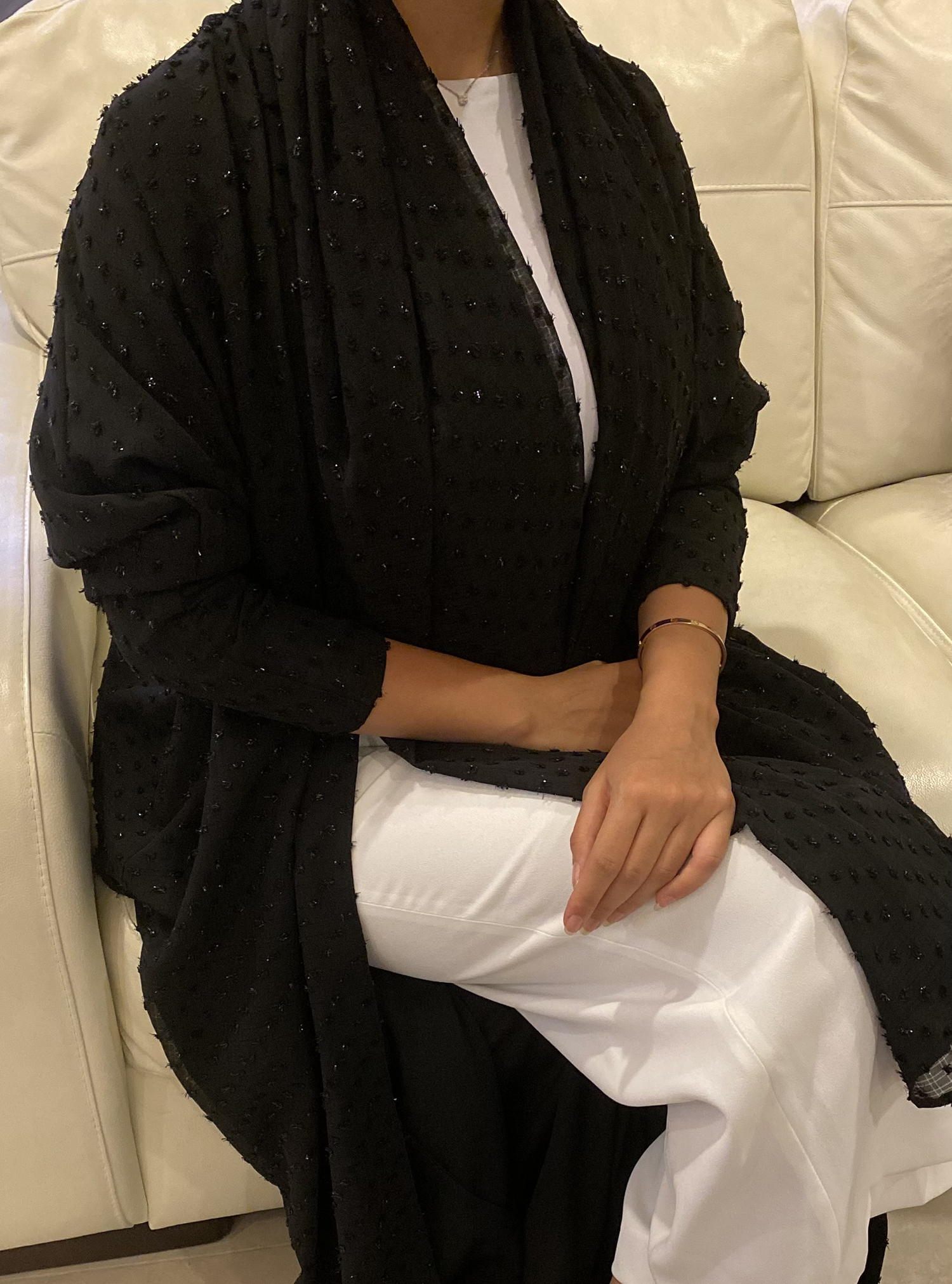 Black Shim Dots Black textured shimmery dotted abaya with headscarf ...