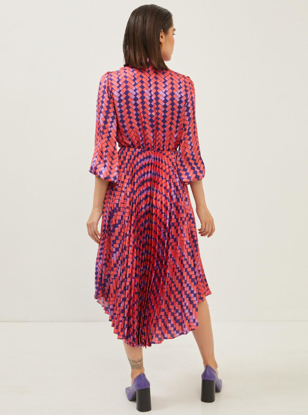 Print Dress Low V-neck polyester midi dress with neck bow detail ...