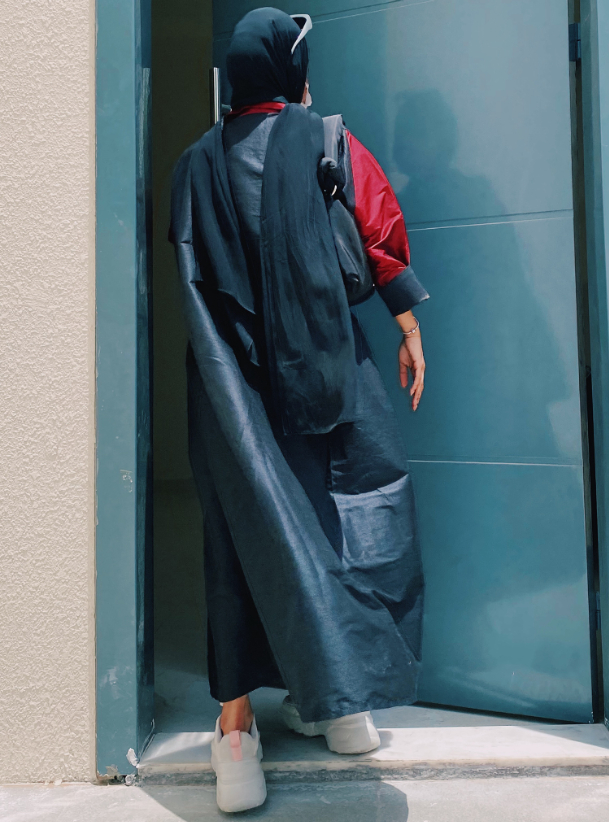 ELWARD 009 Black abaya with contrast collar and sleeves. Abayas from ELWARD COLLECTION at Boksha