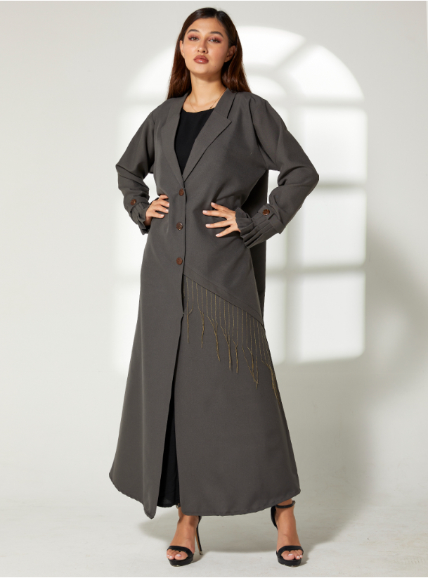 Grey Abaya MOiSTREET Grey Phua Abaya with Pleated Cuffs Abayas from Moistreet at Boksha