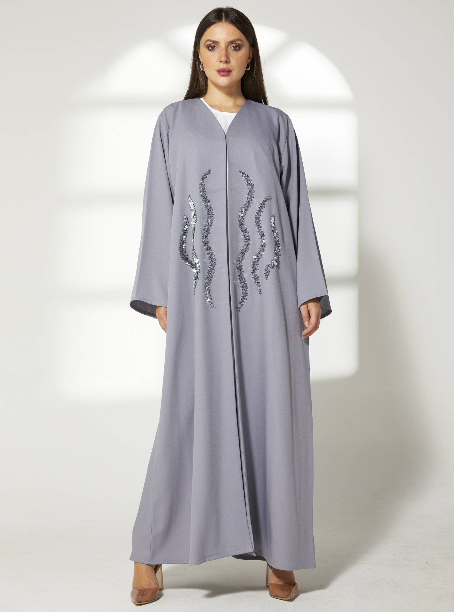 Grey Abaya MOiSTREET Grey Phua Abaya with Pleated Cuffs Abayas from Moistreet at Boksha