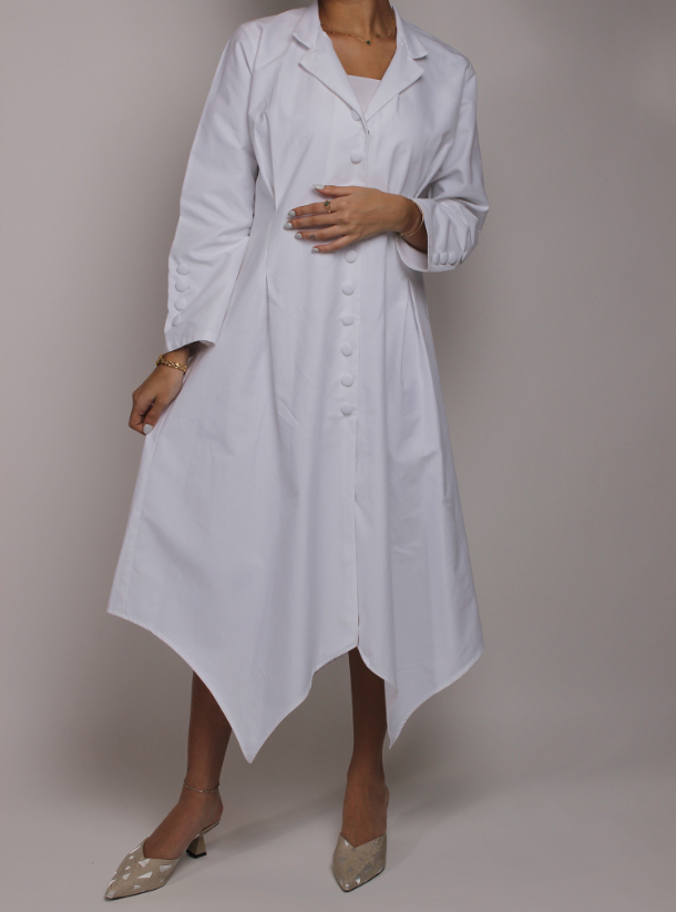 White dress White collared dress with asymmetrical hems with covered ...