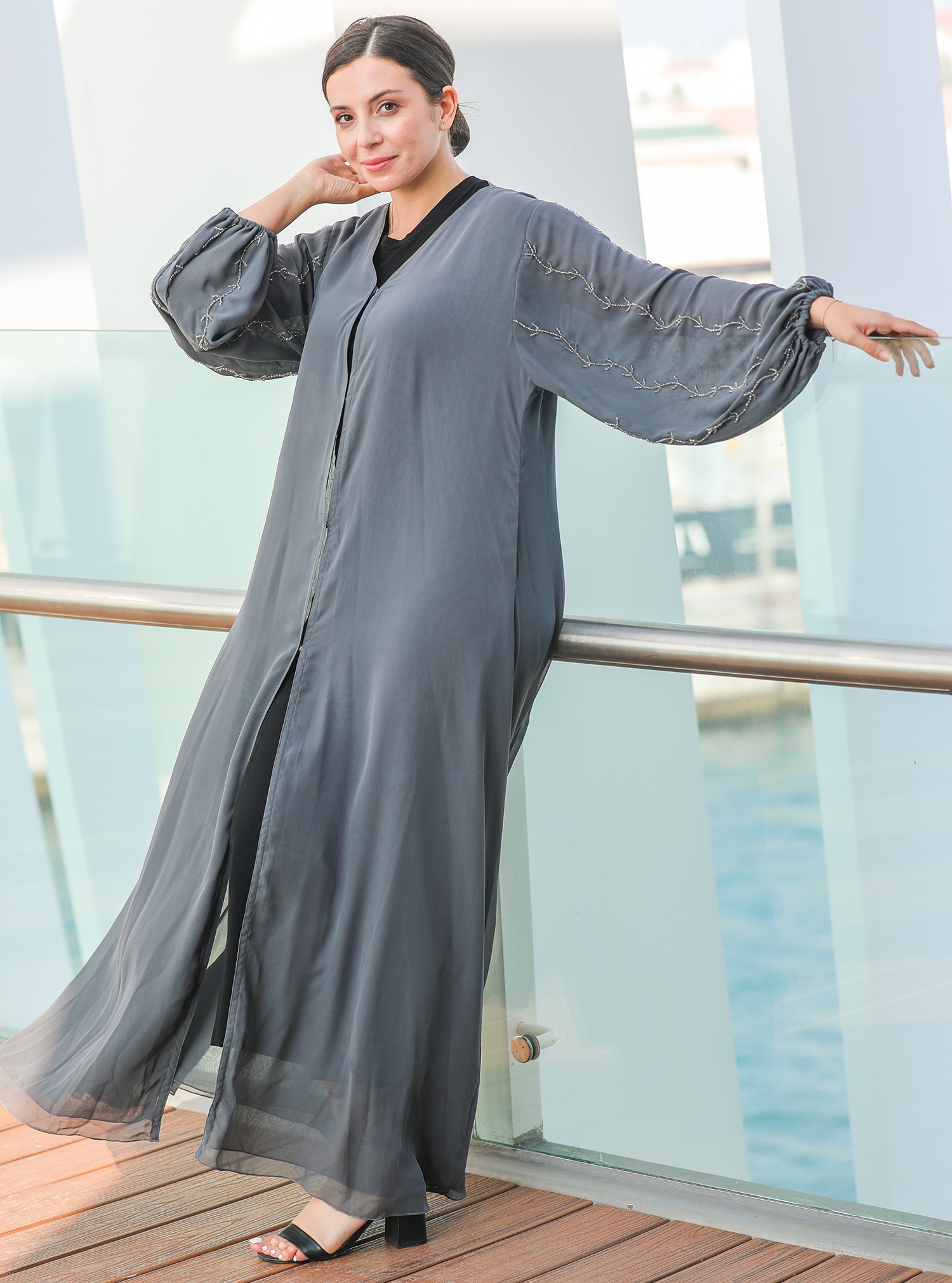 AJ220494A Abaya Grey chiffon abaya with embellished sleeves. Comes with ...