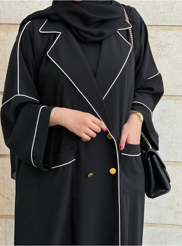 Coat Abaya Black coat-style abaya with contrast trimmings, front ...
