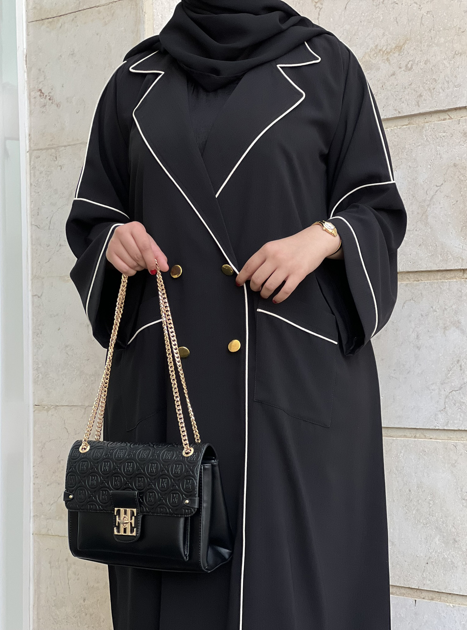 Coat Abaya Black coat-style abaya with contrast trimmings, front ...