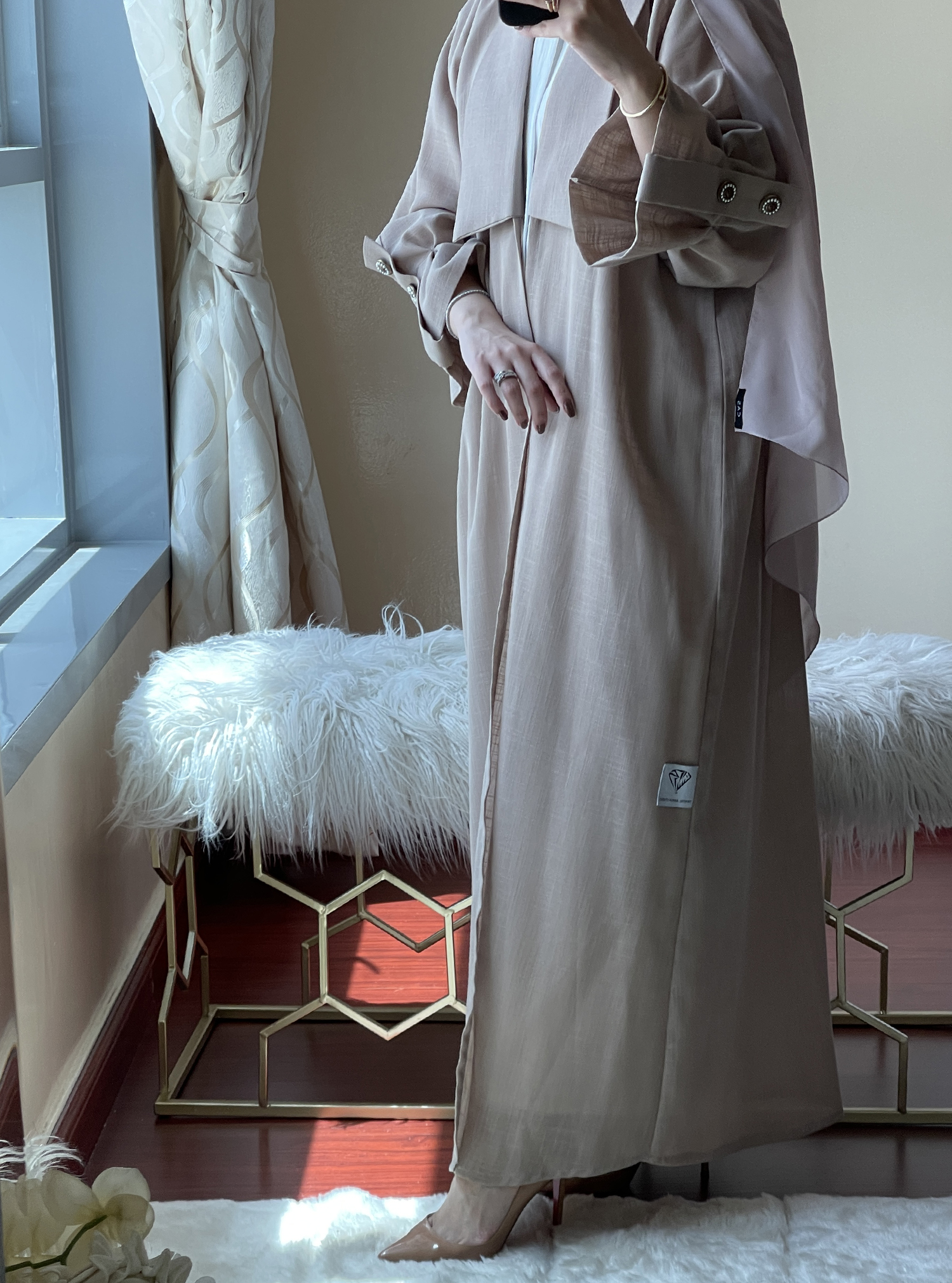 C-LINEN-SET Beige coat style linen abaya with a square shaped collar ...