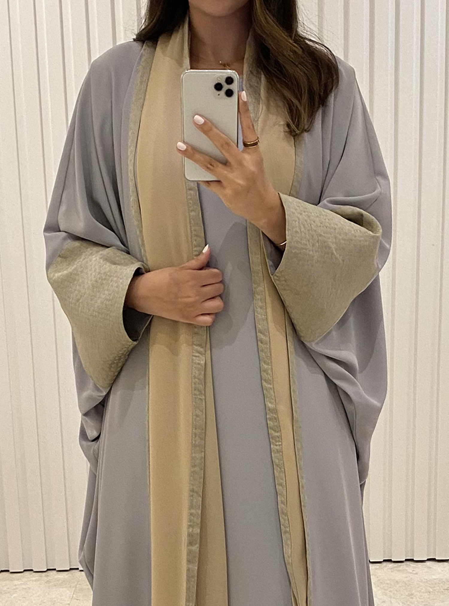 Grey Abaya 03 Light grey abaya with contrast patterned trimmings. Comes ...