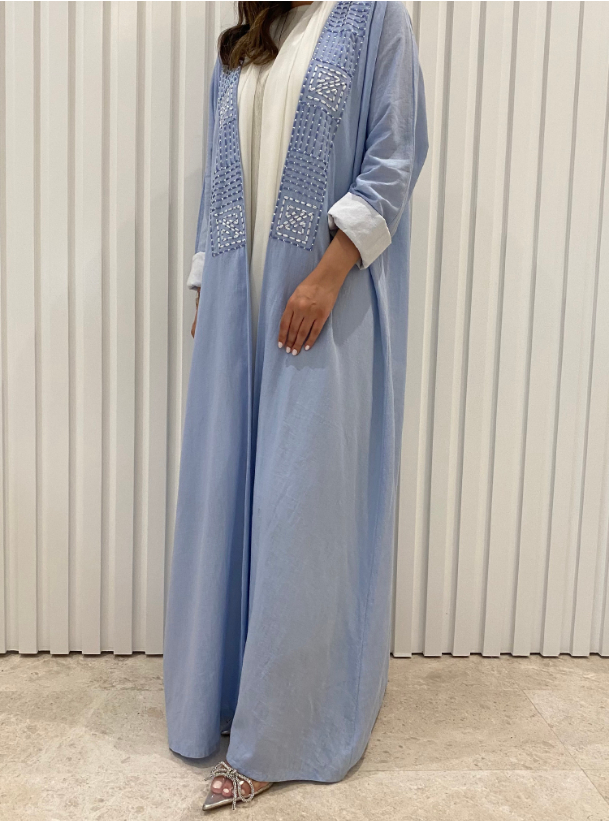 Blue Abaya 15 Light blue abaya with embroidered neckline. Comes with a ...