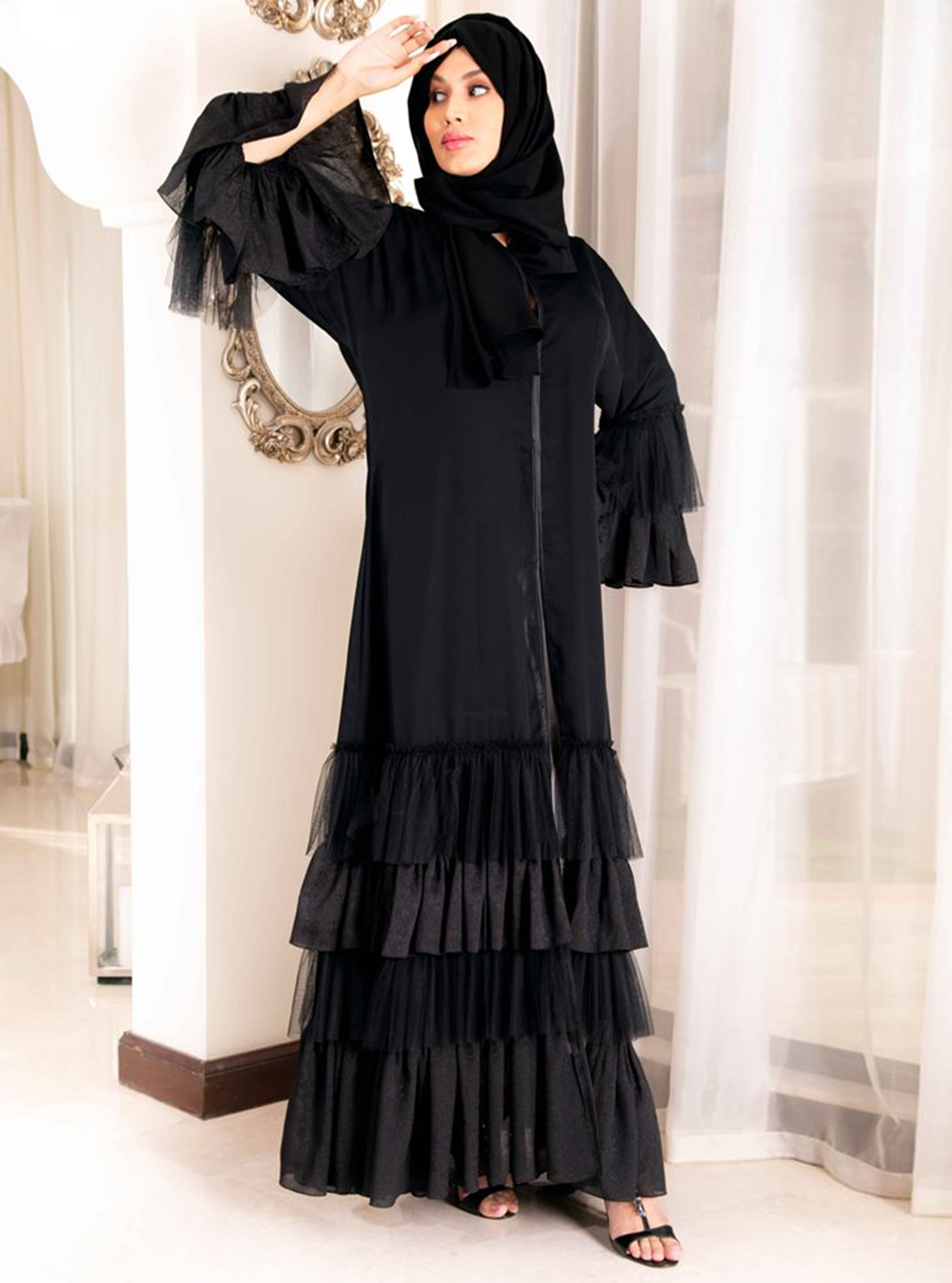 AJ1679A Abaya Black premium abaya with tulle frills. Comes with matching headscarf. Abayas from ...