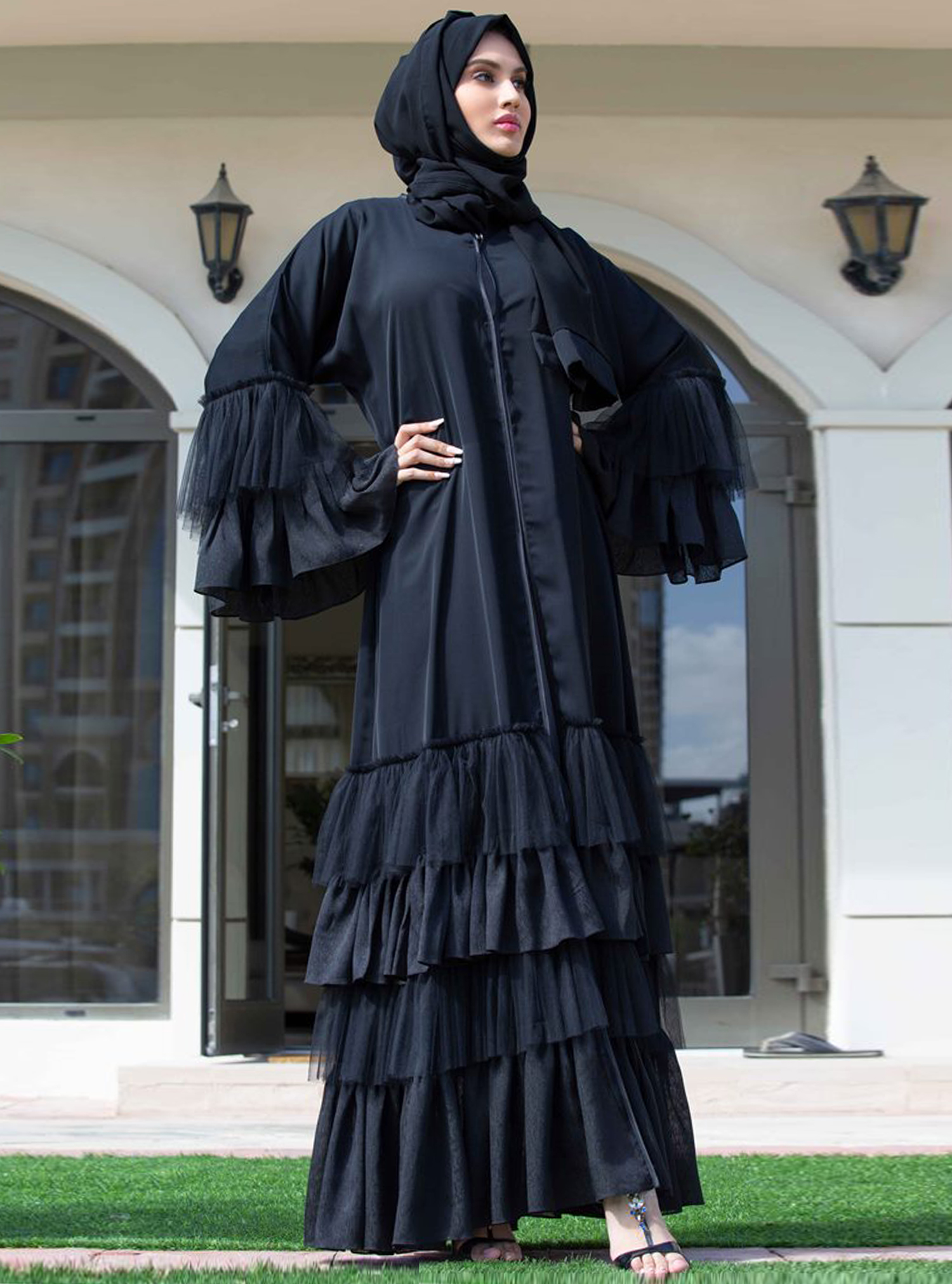 AJ1679A Abaya Black premium abaya with tulle frills. Comes with matching headscarf. Abayas from ...