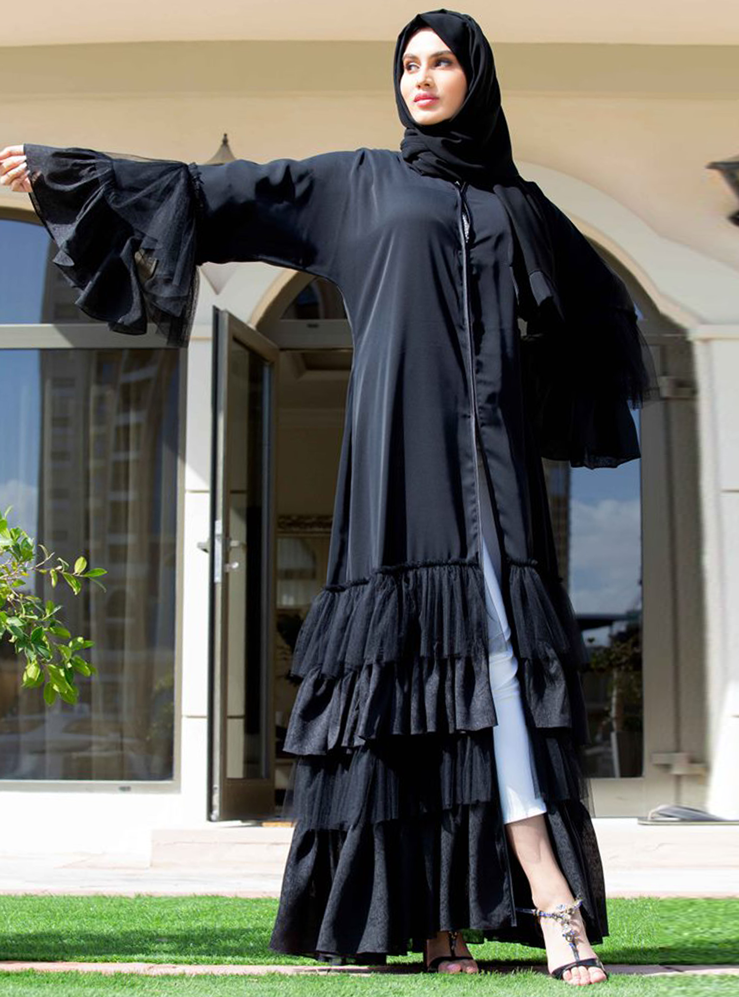 AJ1679A Abaya Black premium abaya with tulle frills. Comes with matching headscarf. Abayas from ...