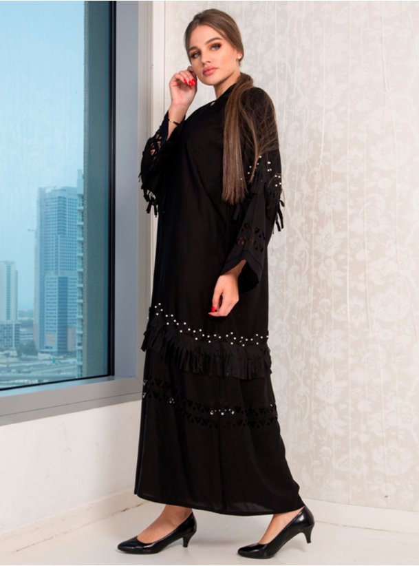 AJ1365A Abaya black premium abaya. Comes with matching headscarf. Abayas from nukhbaa at Boksha