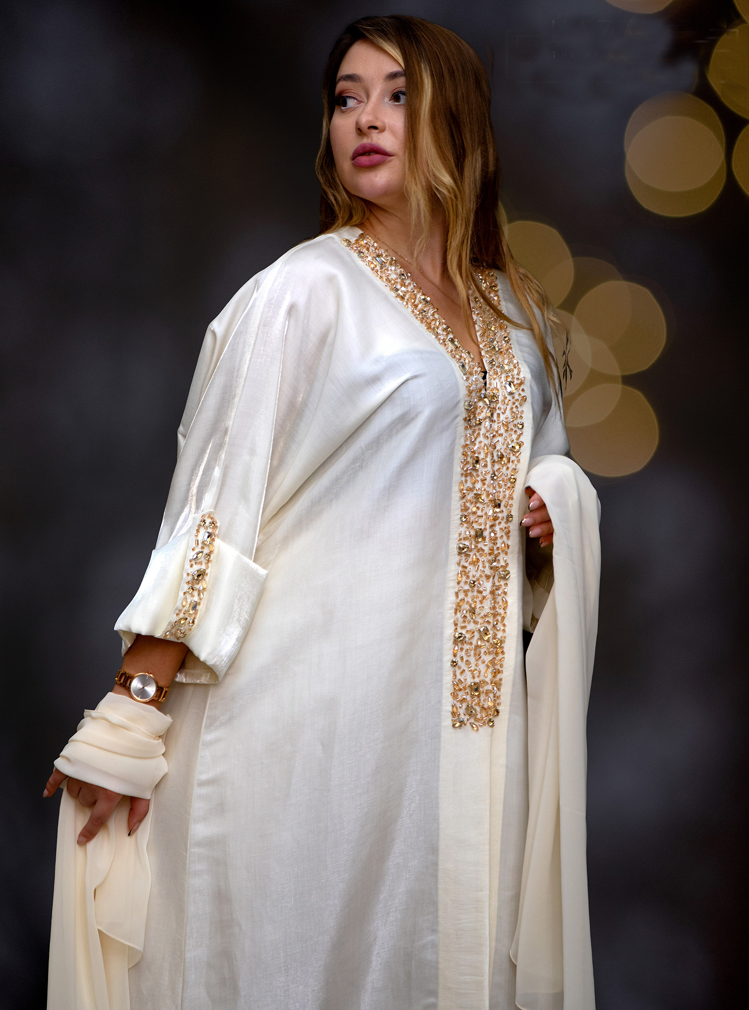 INHERA WHITE SILK ABAYA WITH CRYSTAL WORK Abayas from at Boksha