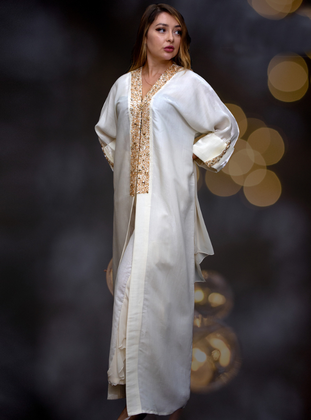 INHERA WHITE SILK ABAYA WITH CRYSTAL WORK Abayas from at Boksha