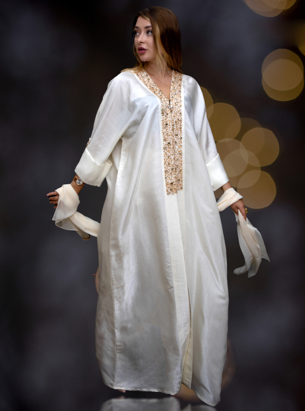 INHERA WHITE SILK ABAYA WITH CRYSTAL WORK Abayas from at Boksha