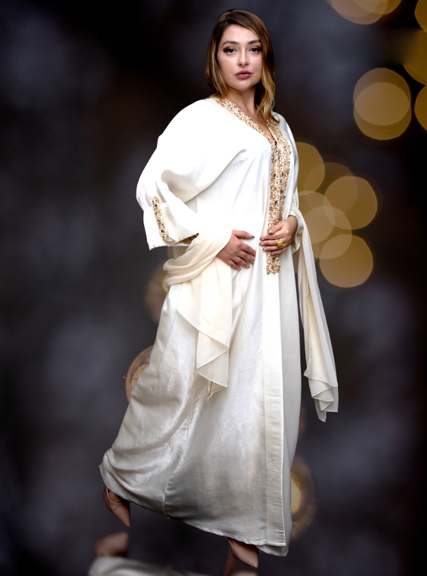INHERA WHITE SILK ABAYA WITH CRYSTAL WORK Abayas from at Boksha