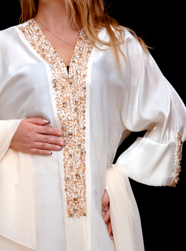 INHERA WHITE SILK ABAYA WITH CRYSTAL WORK Abayas from at Boksha