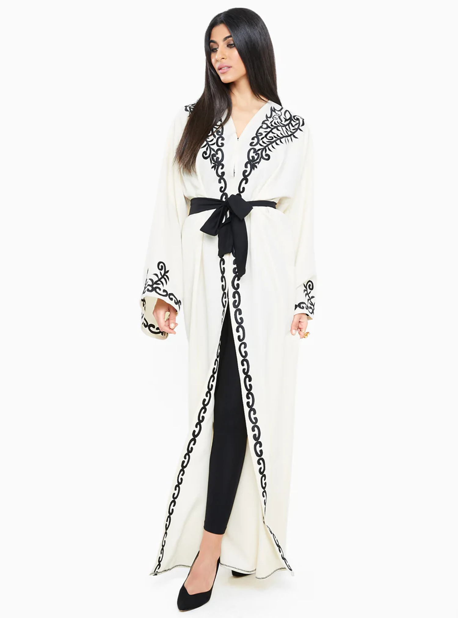 NOA5599 Abaya White abaya with beautiful contrasting trimmings and belt ...