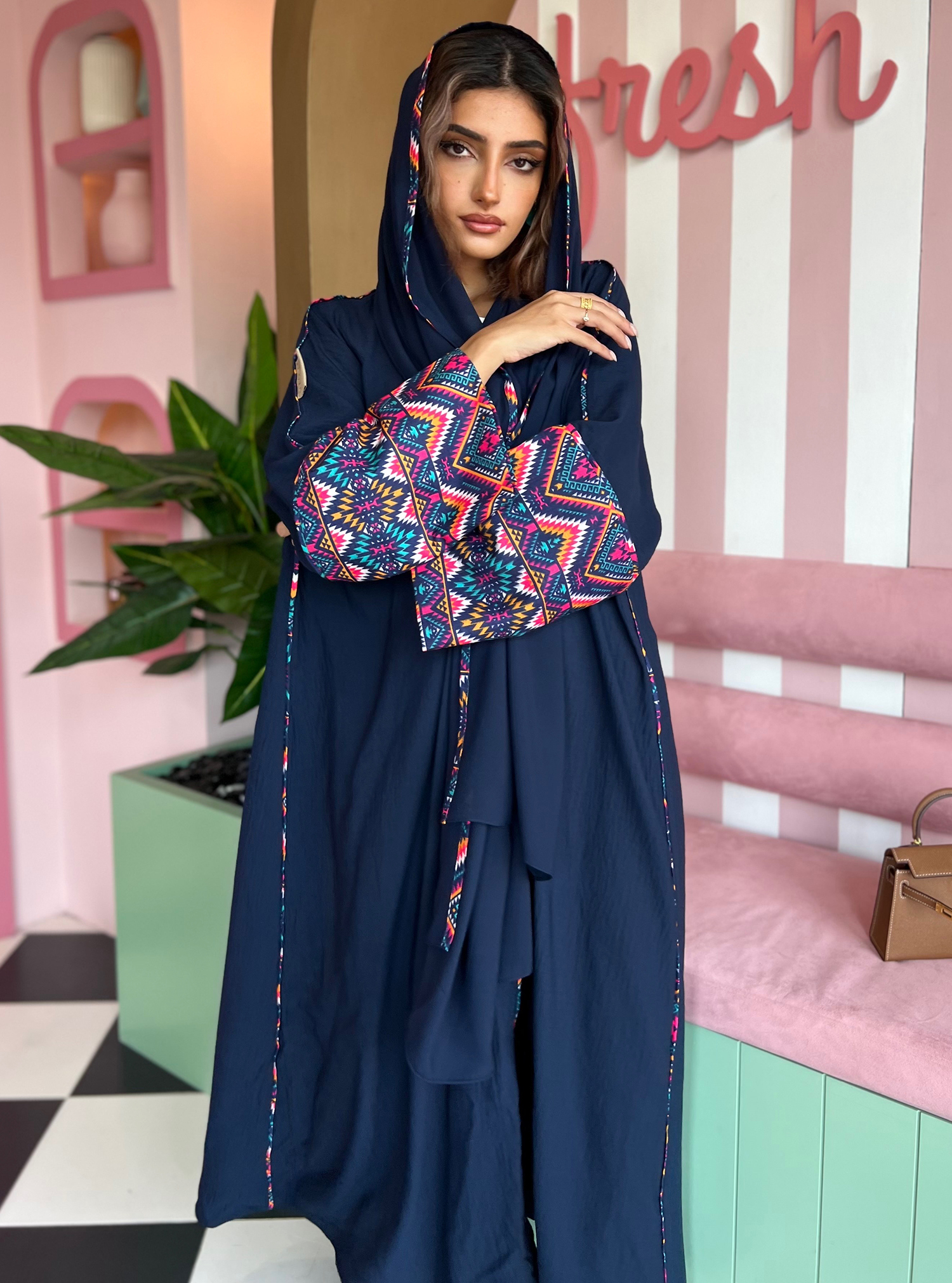 Navy patterned Navy blue abaya with colorful tribal pattern sleeves and ...