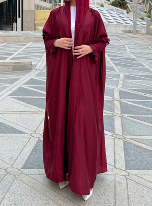 TA05 Crimson red abaya featuring a puffy sleeve design with tapered ...