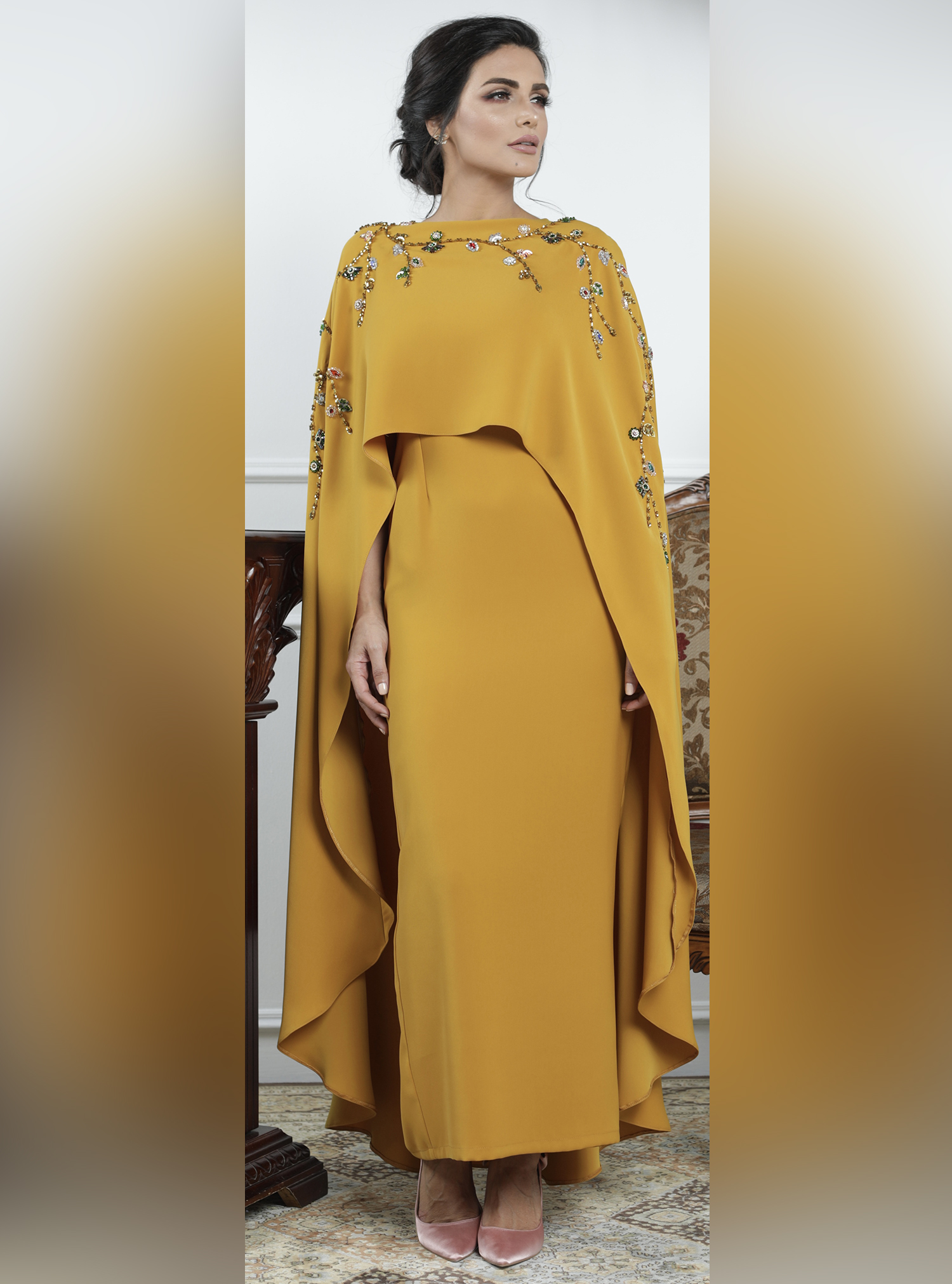 NBQ19022B Mustard yellow gorgeous cape dress adorned with faux gems ...