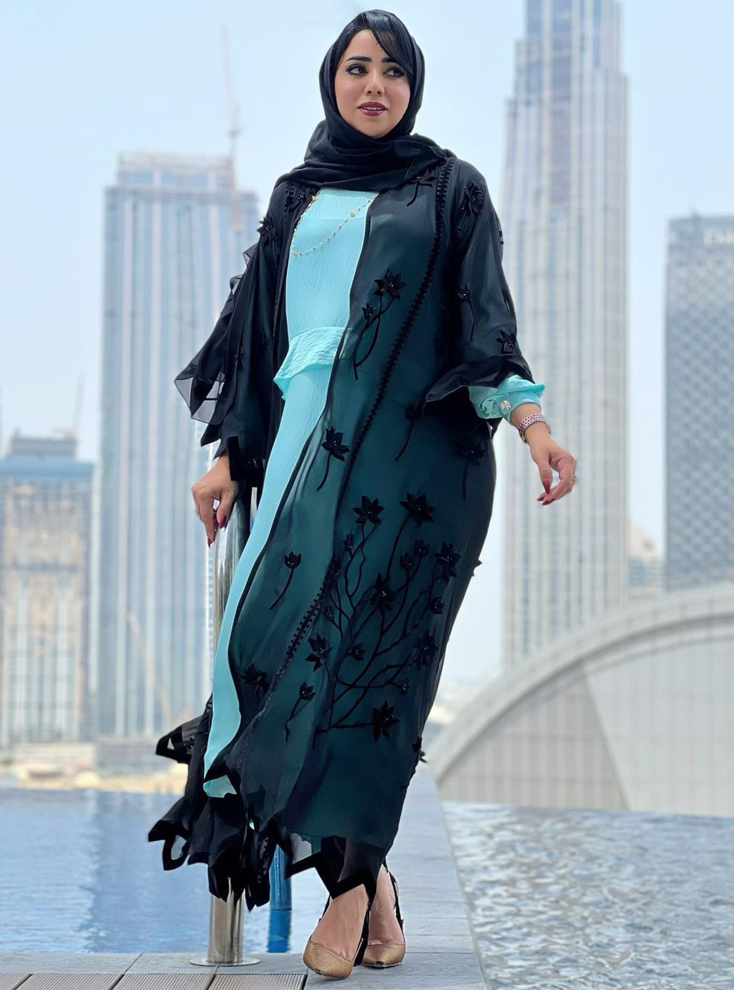 MODEL7449 Abaya Black sheer abaya with laser-cut flower appliques and ...