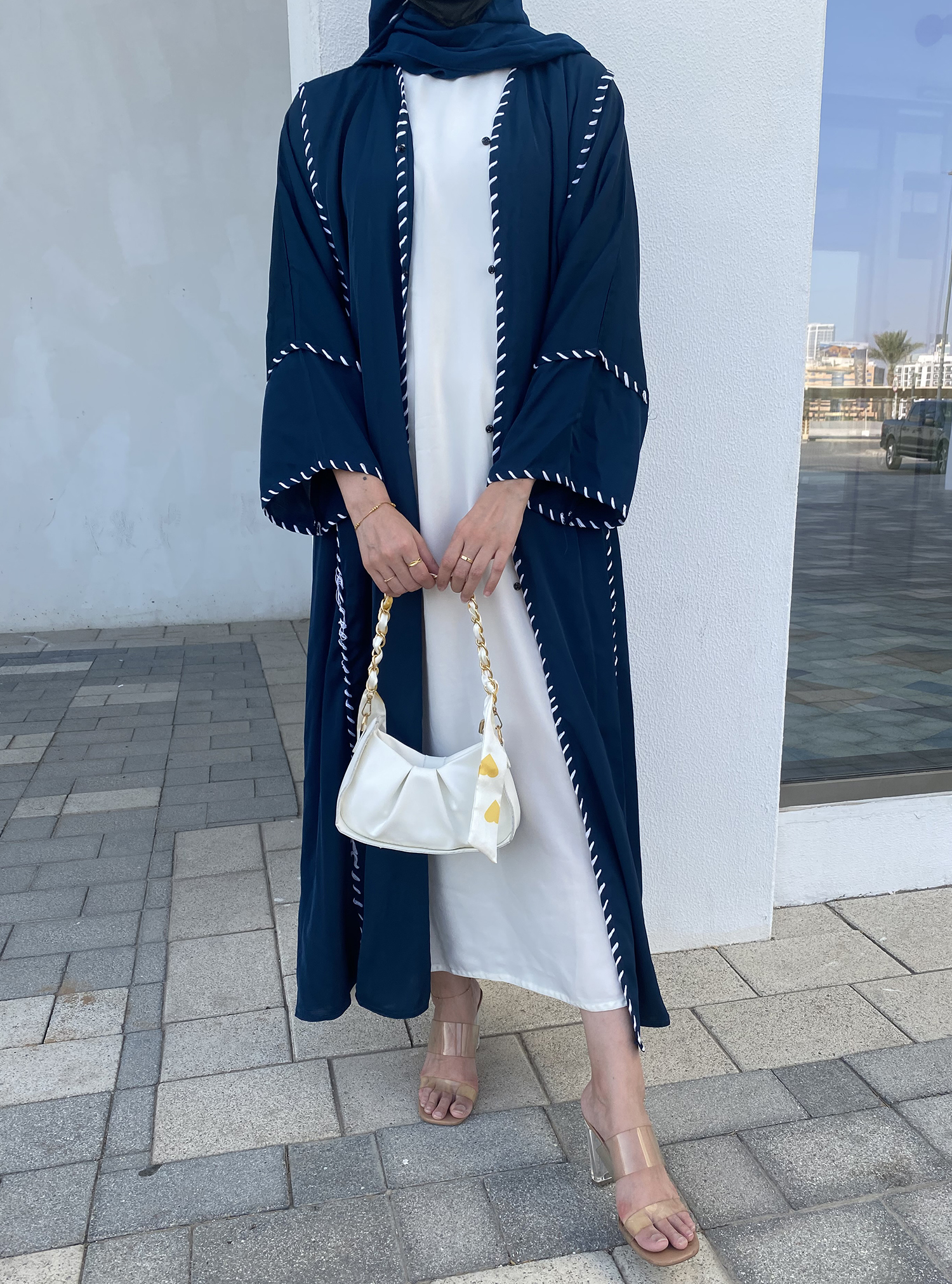 ZINA Set Blue abaya with white thread detail with inner dress. Comes ...