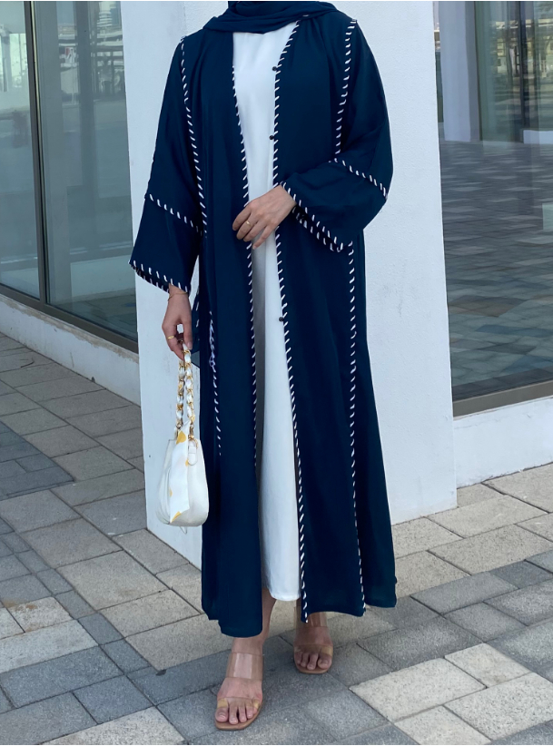 ZINA Set Blue abaya with white thread detail with inner dress. Comes ...