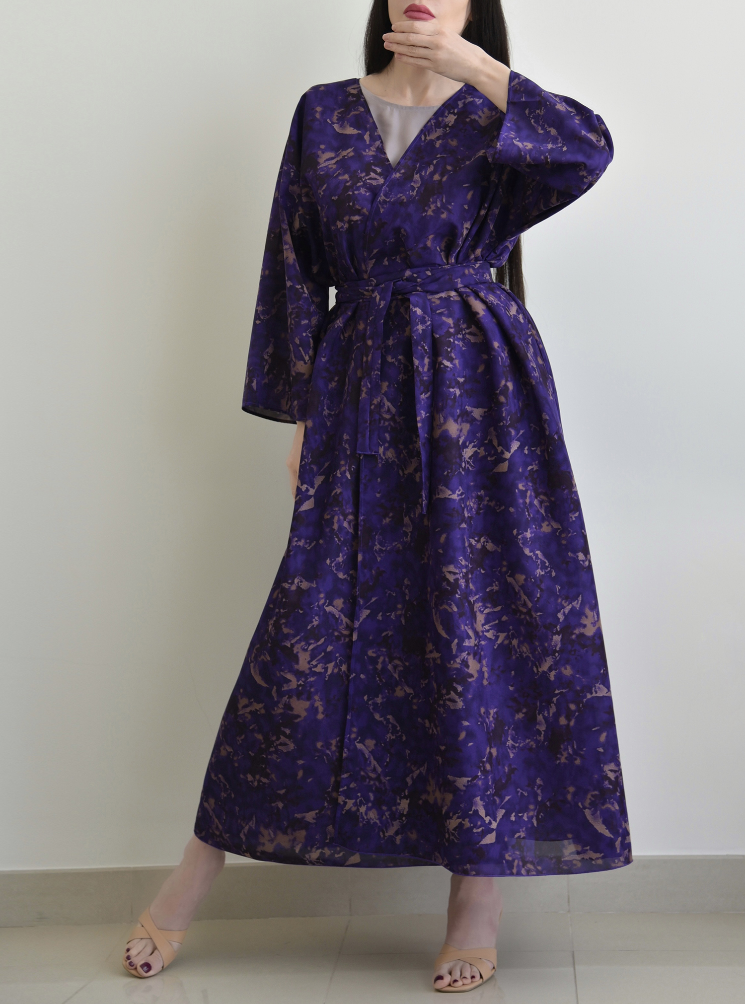 Purple mix 2-piece set featuring organza abaya with silk inner dress ...