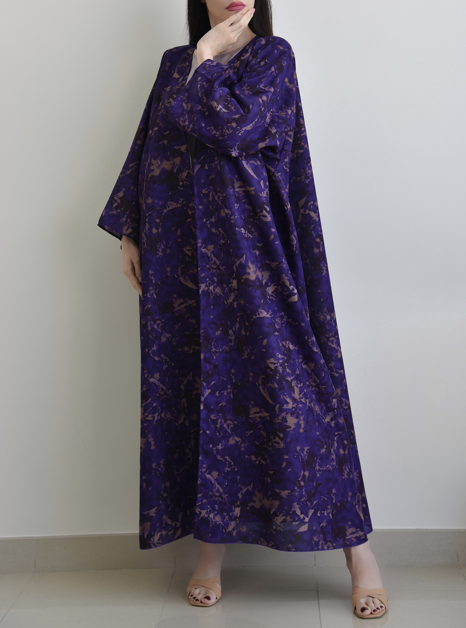 Purple mix 2-piece set featuring organza abaya with silk inner dress ...